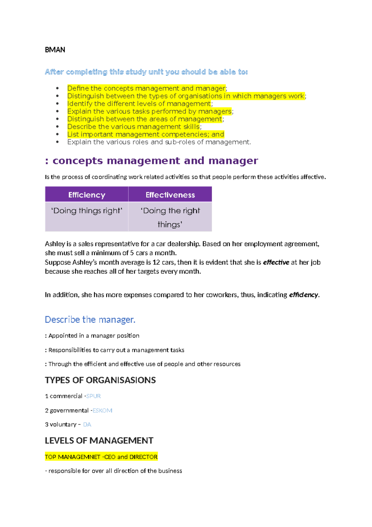 B MAN Unite 2 - BMAN After completing this study unit you should be ...
