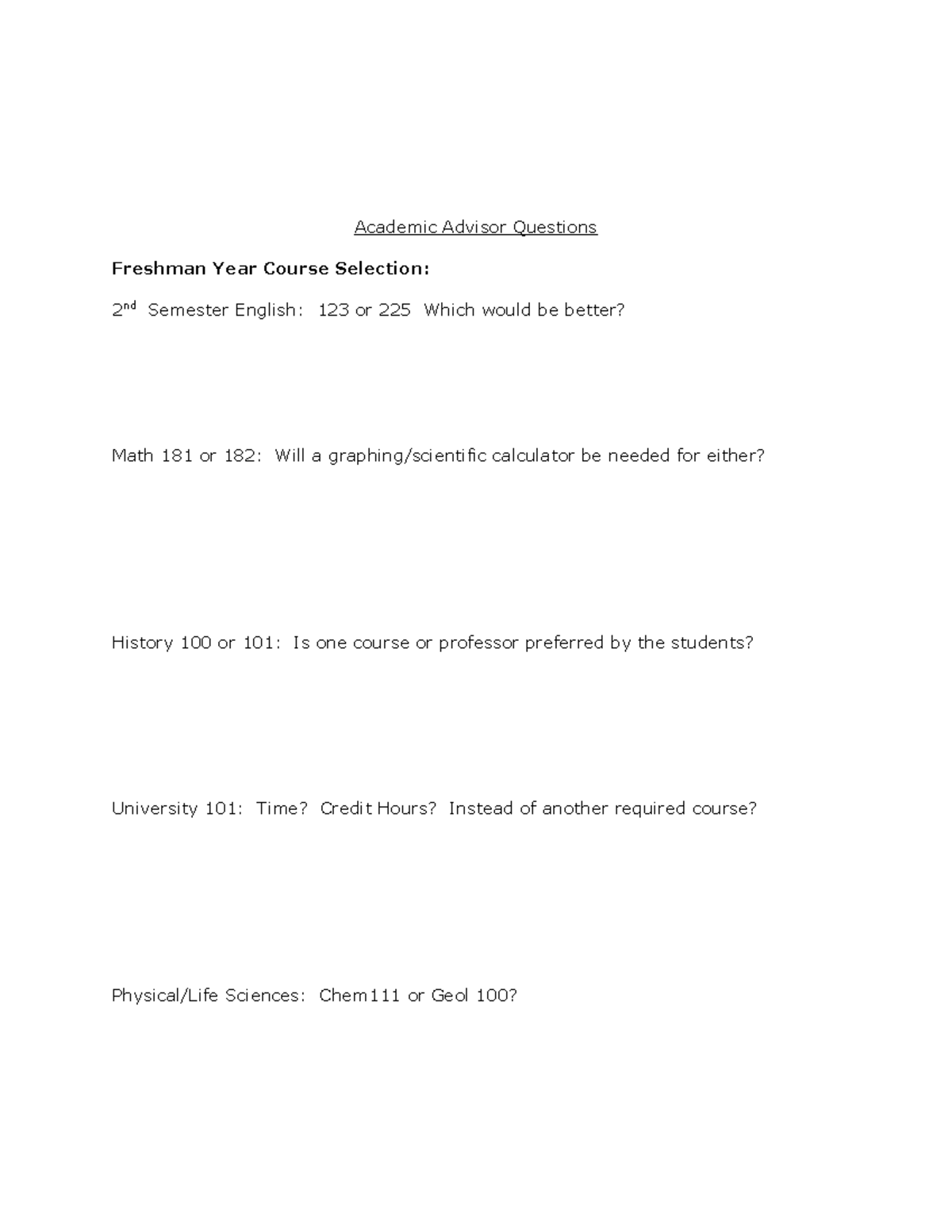 College Freshman Academic Advisor Questions - Academic Advisor ...