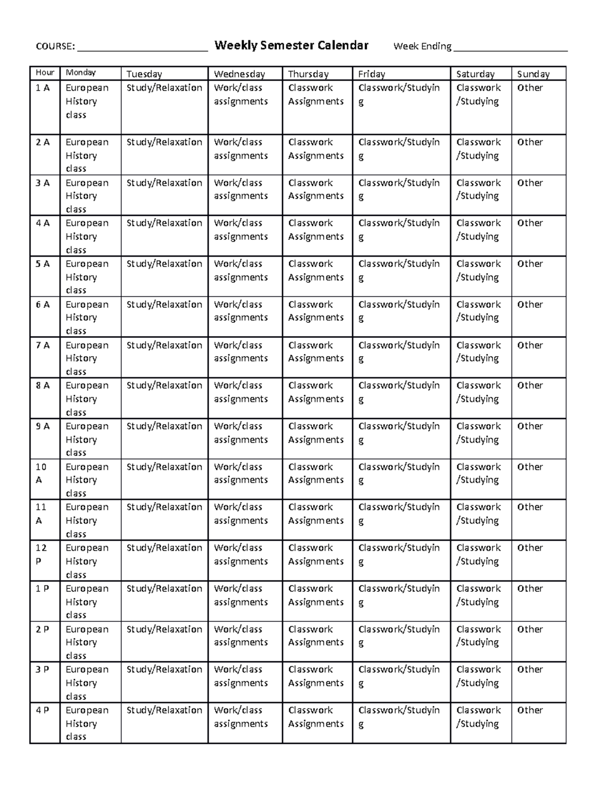 Weekly Semester Calendar - Studocu