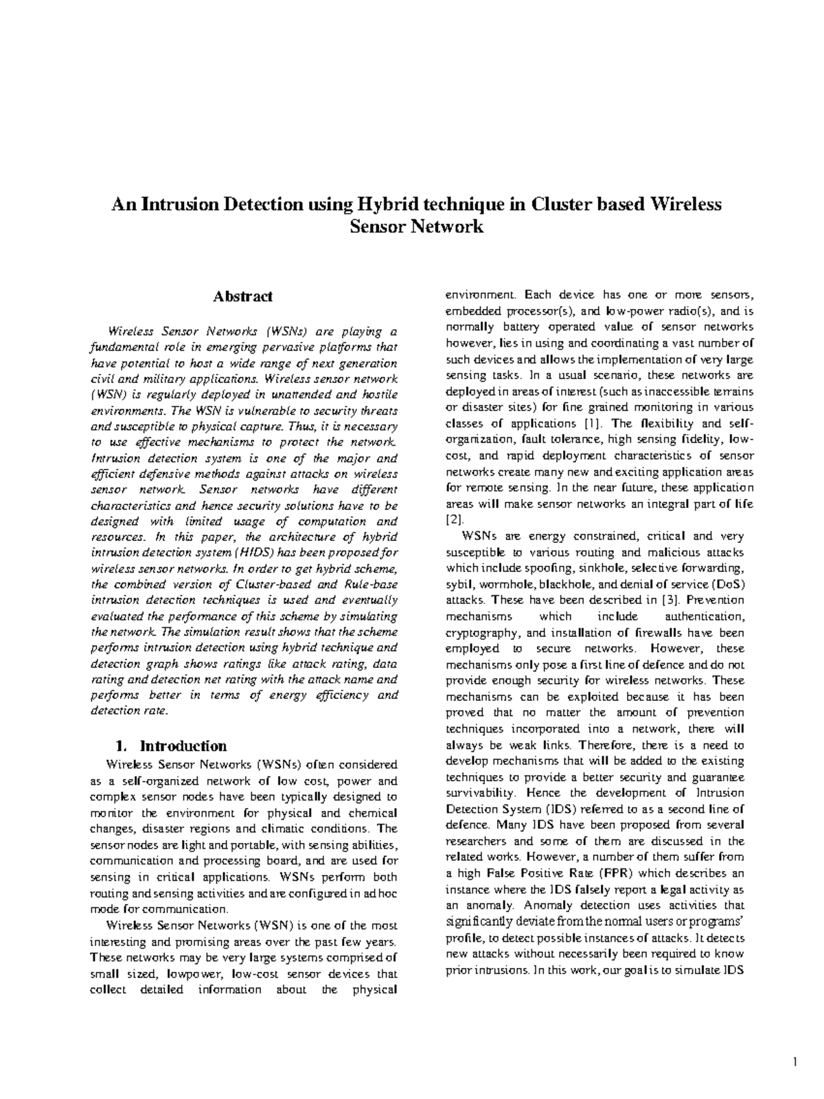 An Intrusion Detection Using Hybrid Technique In Cluster Based Wireless