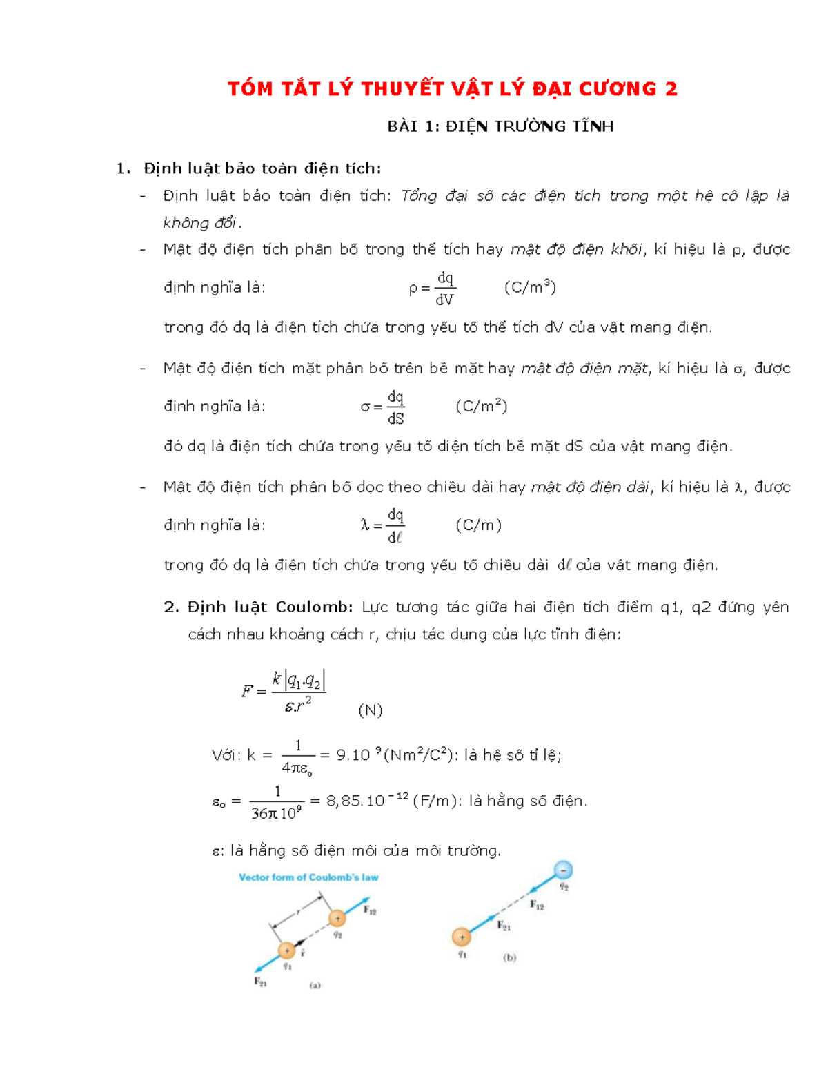 Lý thuyết VLDC2 - TÓM TɫT LÝ THUYɻT VɩT LÝ ĐɝI CɈƠNG 2 BÀI 1: ĐIʃN TRɈ͜NG TŚNH Định luɪt bɠo ...