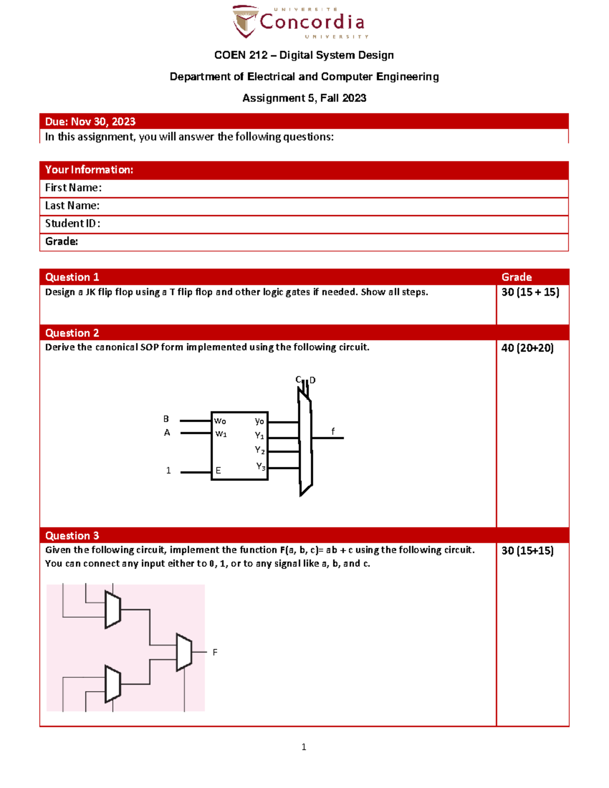 Assignment 5 FALL 2023 - COEN 212 – Digital System Design Department of Electrical and Computer ...