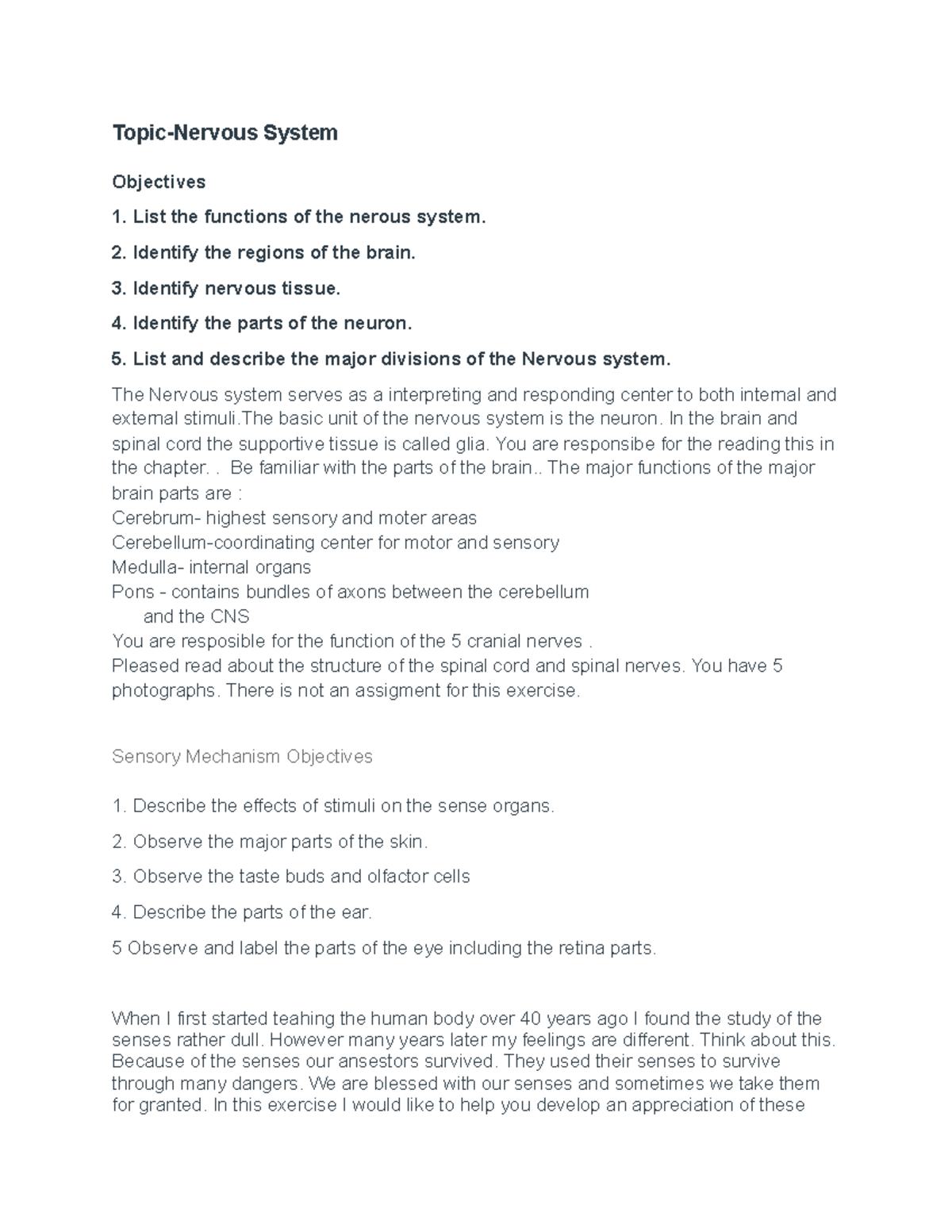 Human Bio Lab Nervous System - Topic-Nervous System Objectives List the ...