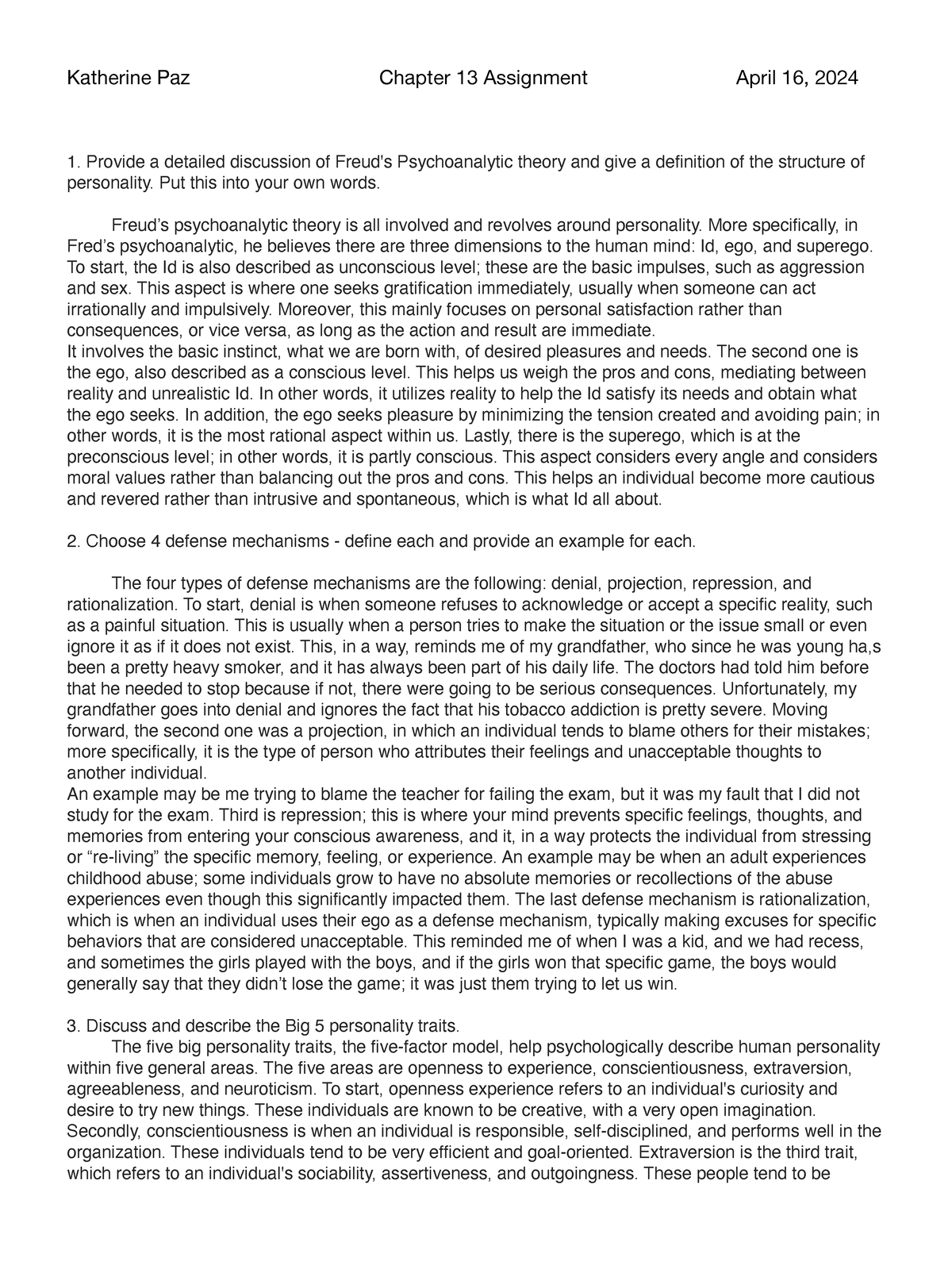 Chapter 13 Assignment (Intro to Psych) - Katherine Paz Chapter 13 Assignment April 16, 2024 ...