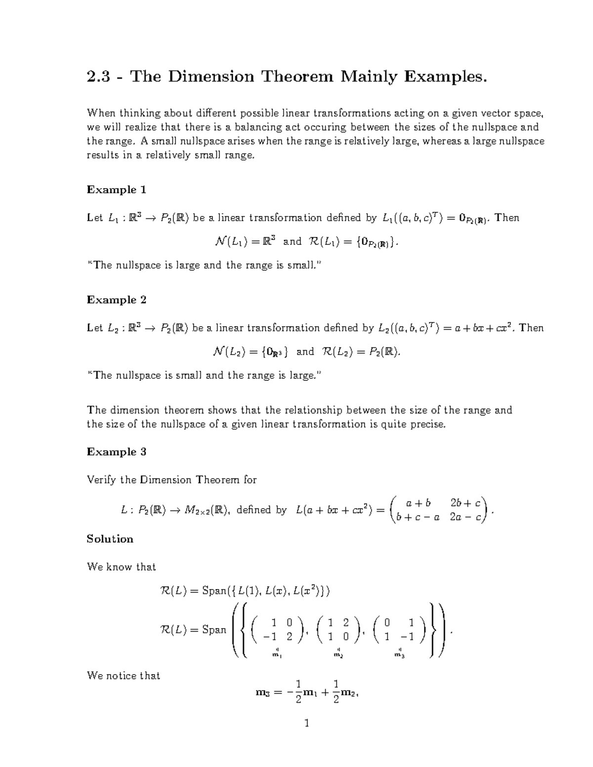 2.3 The Dimension Theorem Mainly Examples - When thinking about different possible linear - Studocu