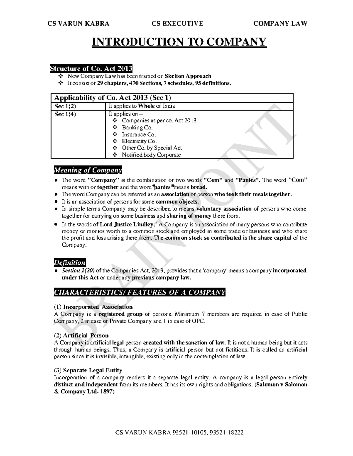CH 1 Intro - INTRODUCTION TO COMPANY Structure of Co. Act 2013 New ...