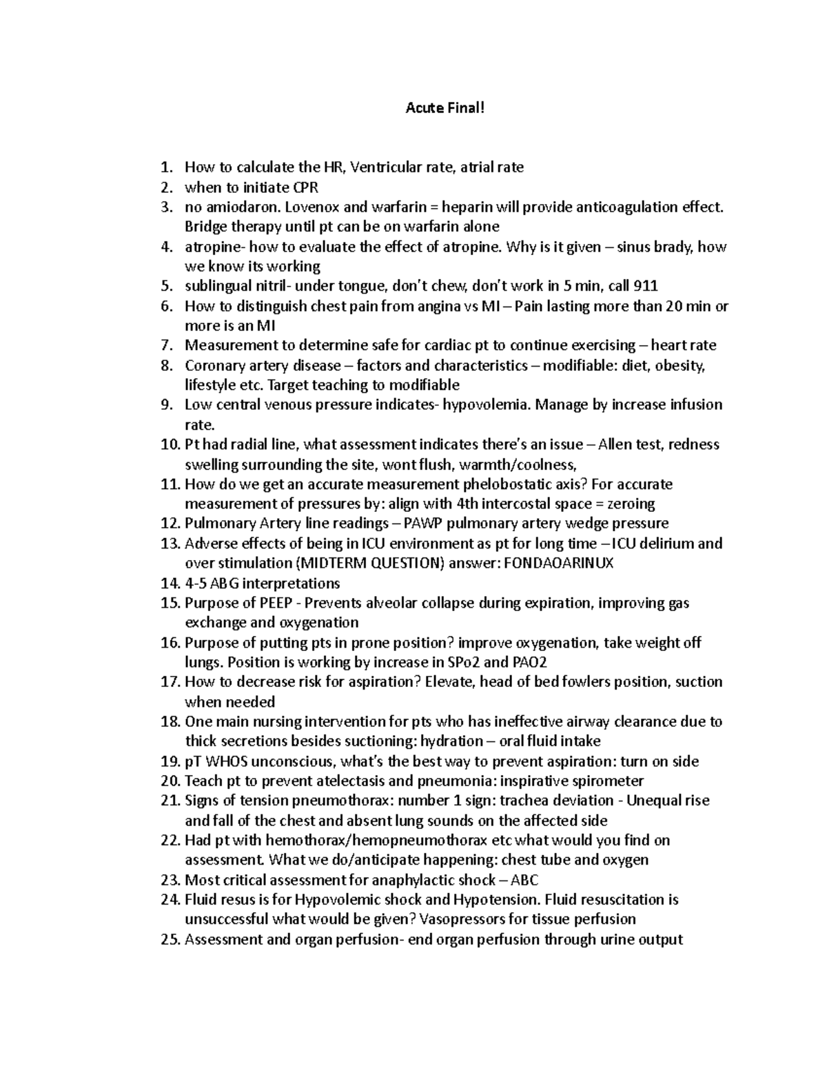 Acute Final - Lecture notes - Acute Final! How to calculate the HR ...