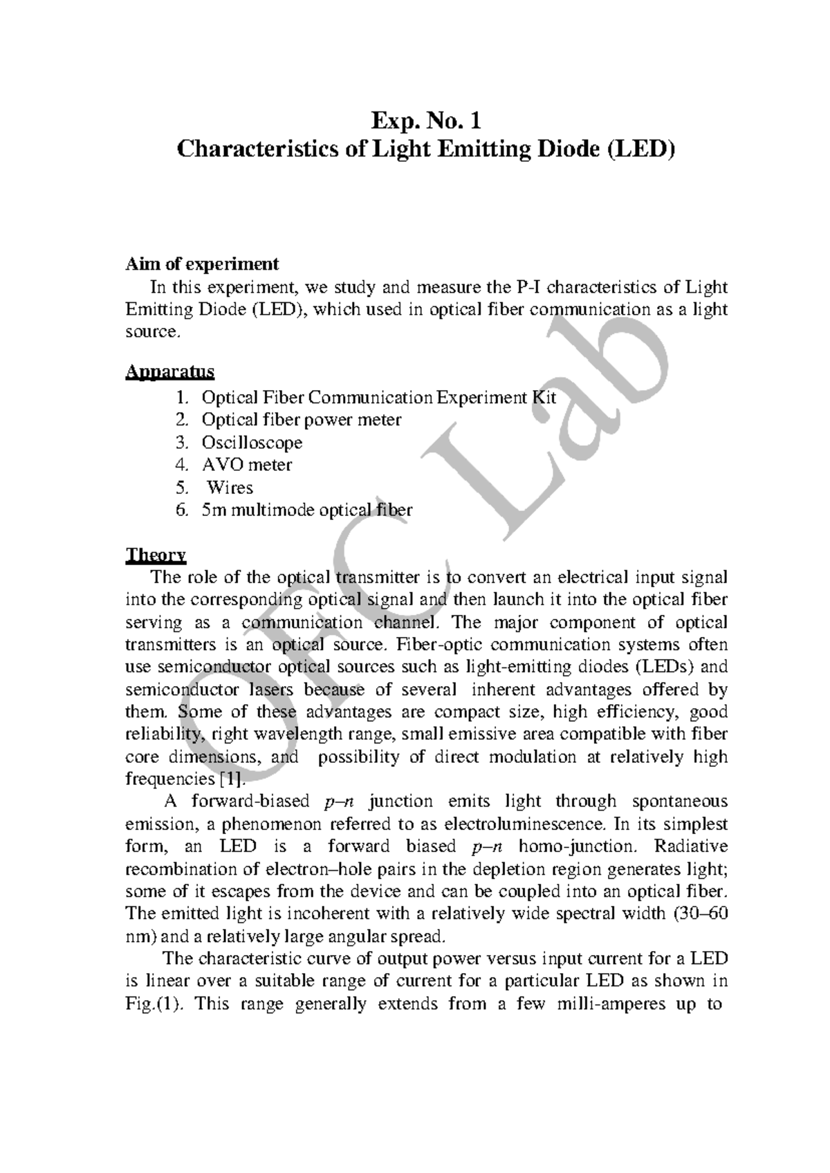 Exp1led ch - Exp. No. 1 Characteristics of Light Emitting Diode (LED) Aim of experiment In this ...