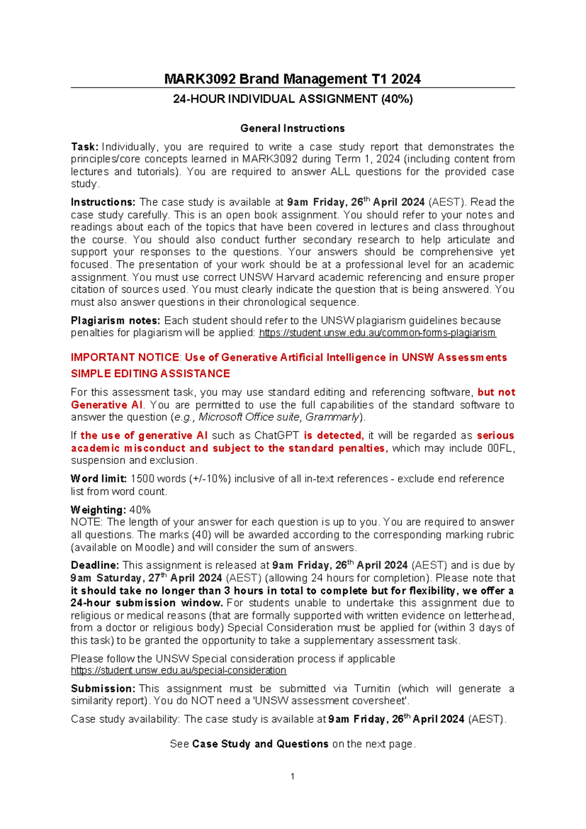 MARK3092 T1 2024 - 24-hour Individual Assignment (40%) - Case Study and Questions - MARK3092 ...