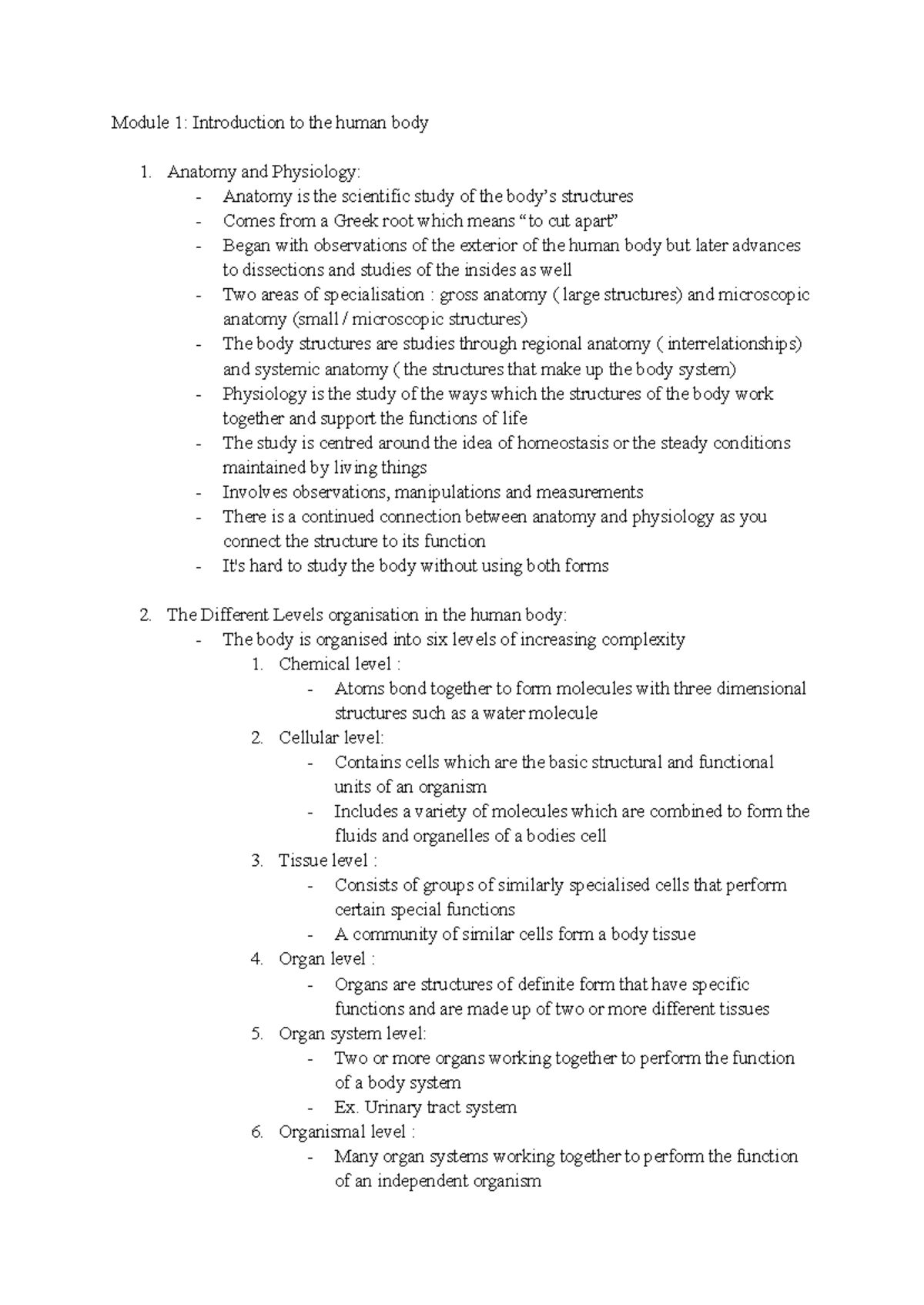 Biology 1593 notes - Module 1: Introduction to the human body 1 ...