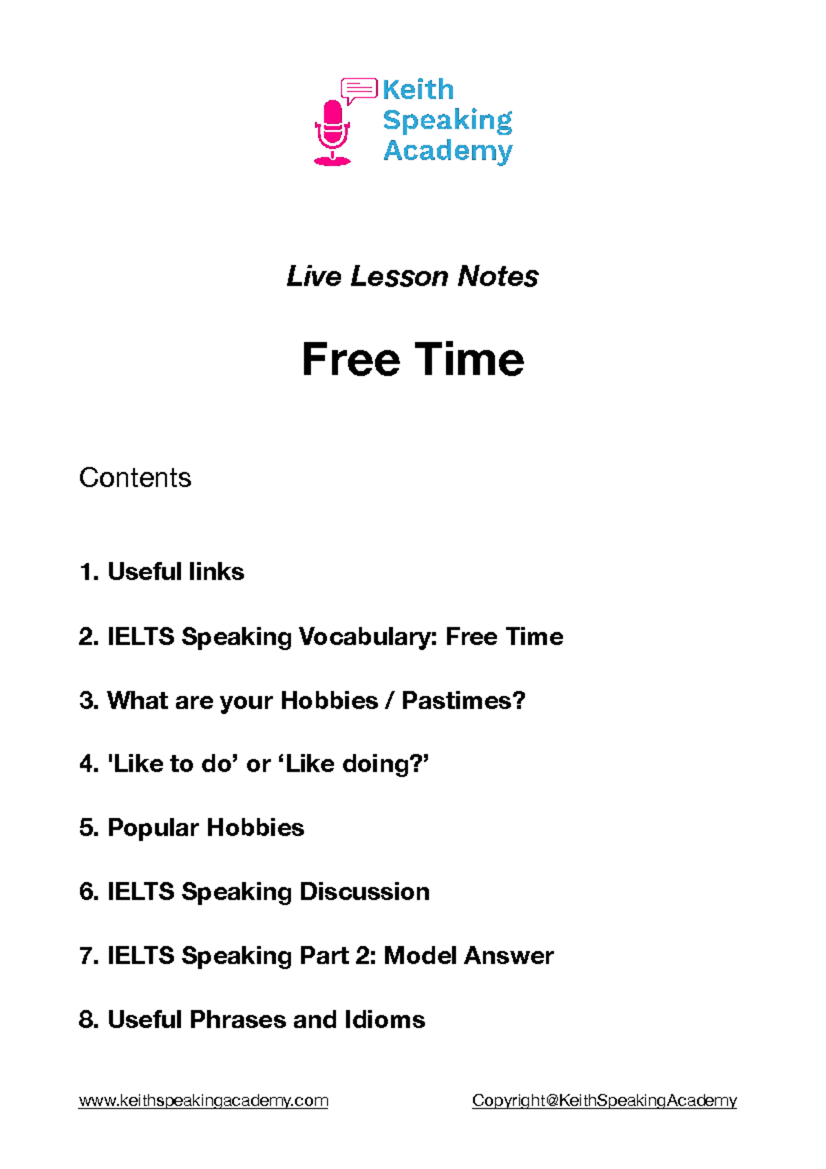 Free Time Lesson Notes - afaer - Live Lesson Notes Free Time Contents 1 ...
