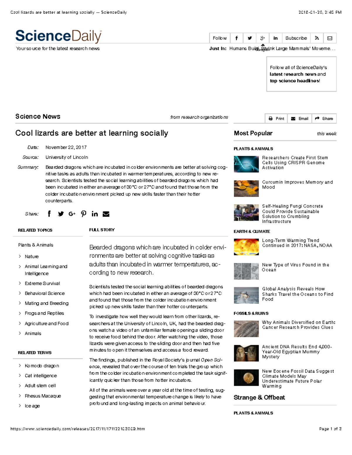 Assignment #2 Science Daily article - Cool lizards are better at ...