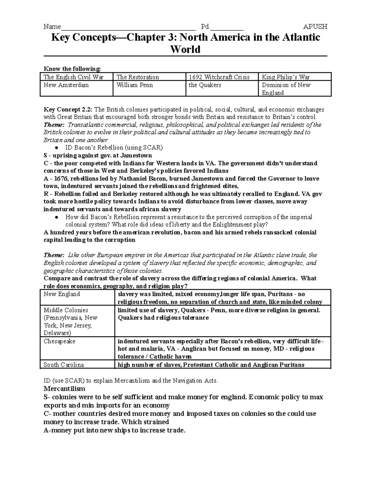Key Concepts-Chapter 3 Settling the Northern Colonies - Name