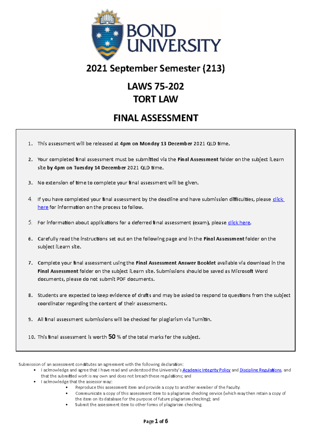 2021 Sept Torts PG FInal Assessment 213 - 2021 September Semester (213 ...