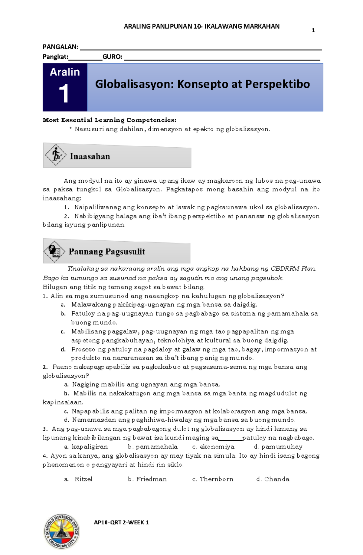 AP 10 Q2 Week 1 - ####### 1 PANGALAN: Pangkat: GURO: Most Essential ...