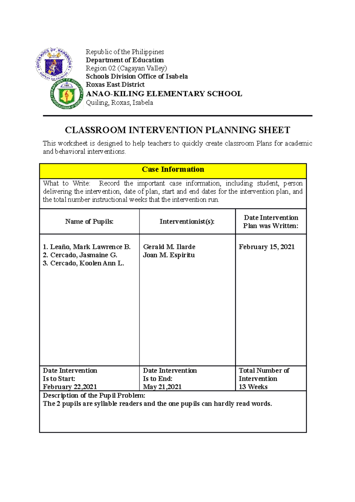 Classroom Intervention Planning Sheet gerald - Republic of the ...