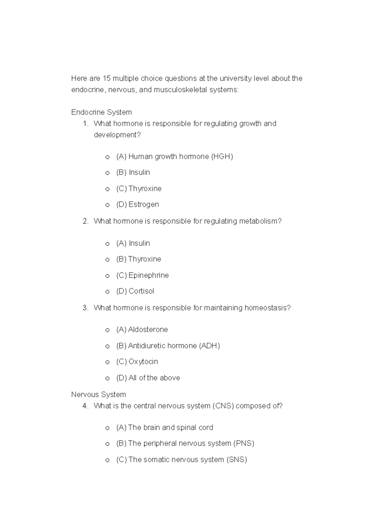 Multiple Choice Questions On Endocrine System With Answers S