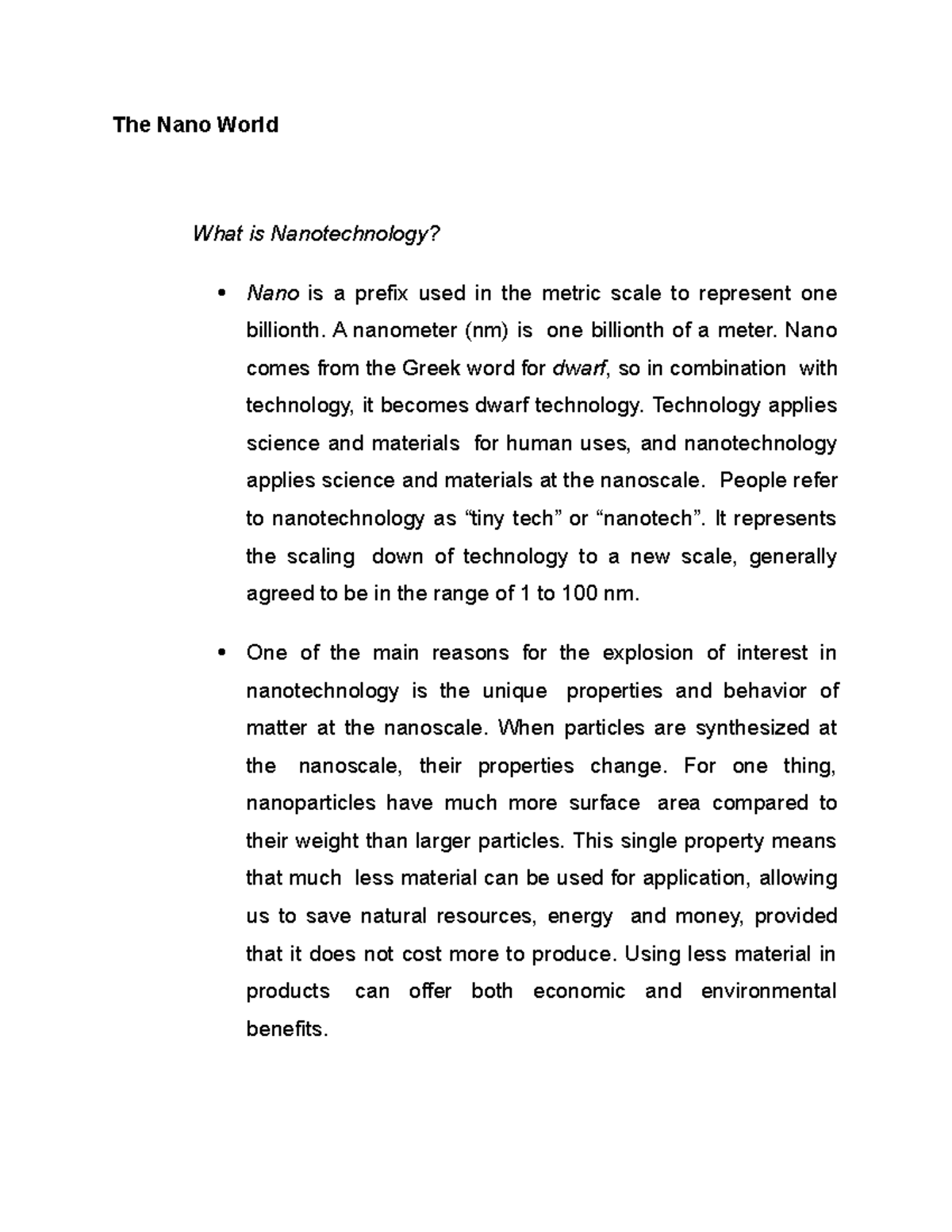 The Nano World - notes - The Nano World What is Nanotechnology? Nano is ...