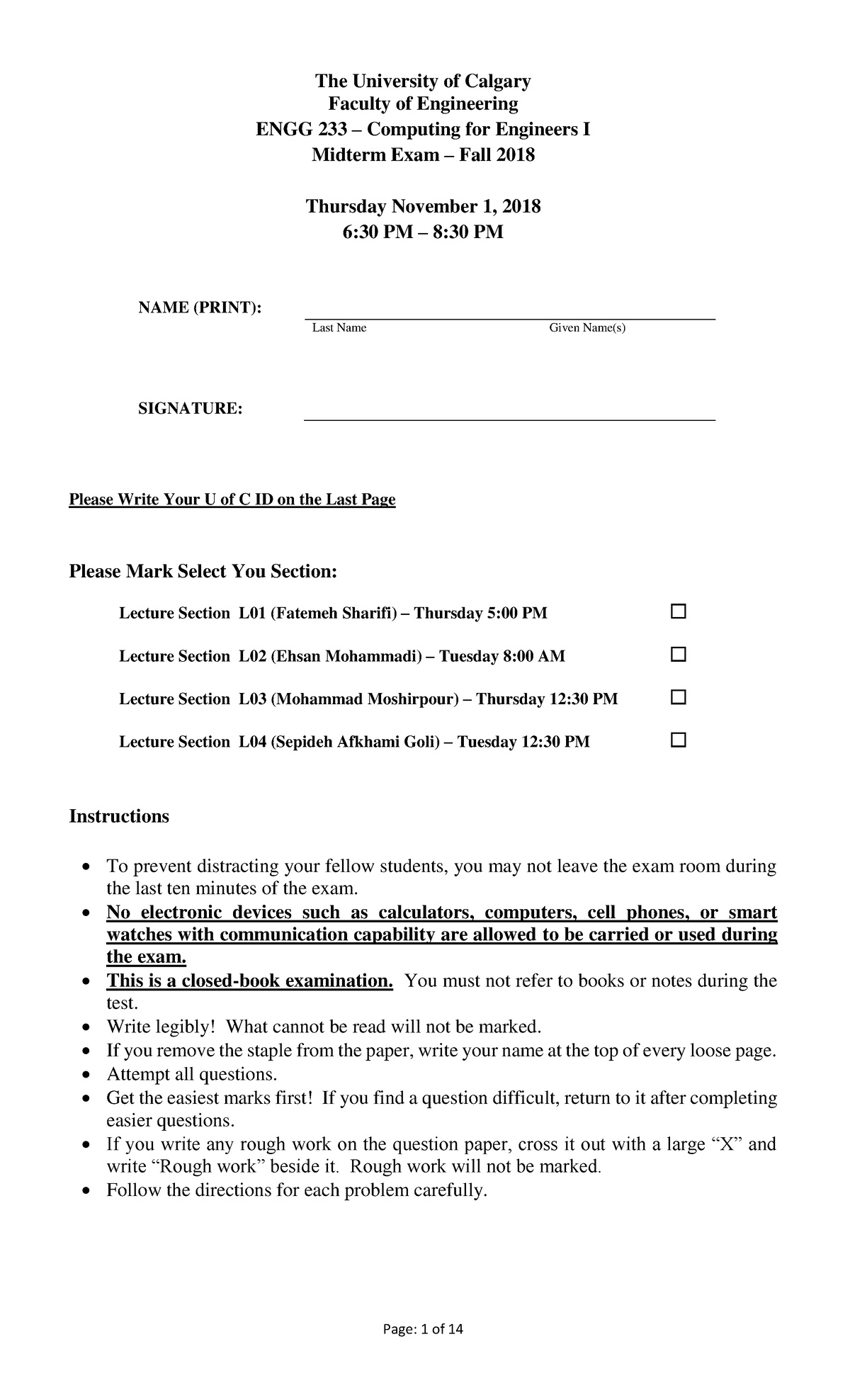 Midterm 15 May 2018, answers - Warning: TT: undefined function: 32 The University of Calgary ...