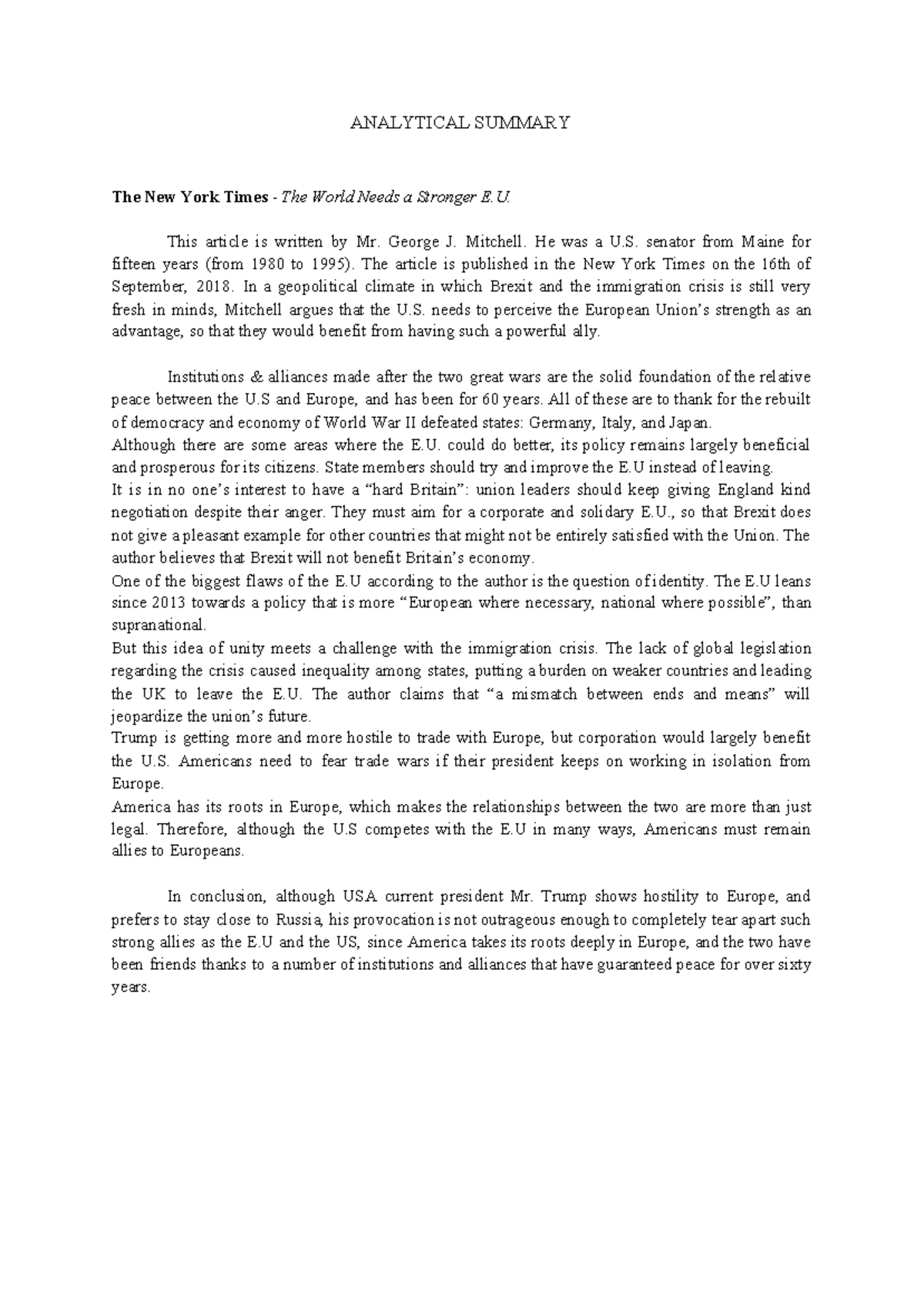 Analytical Summary - article from the NYTimes - ANALYTICAL SUMMARY The ...