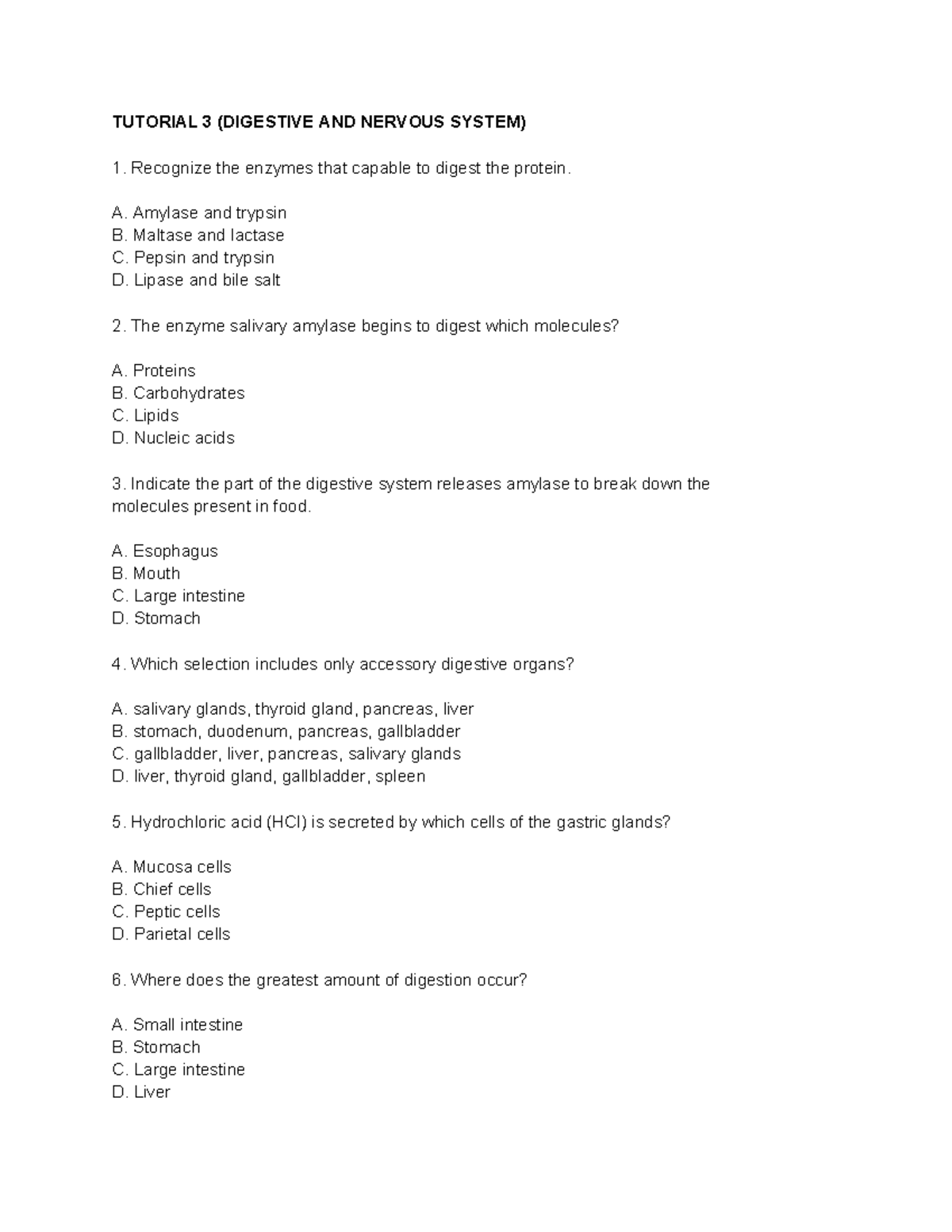 Tutorial 3 ( Digestive AND Nervous System) - TUTORIAL 3 (DIGESTIVE AND ...