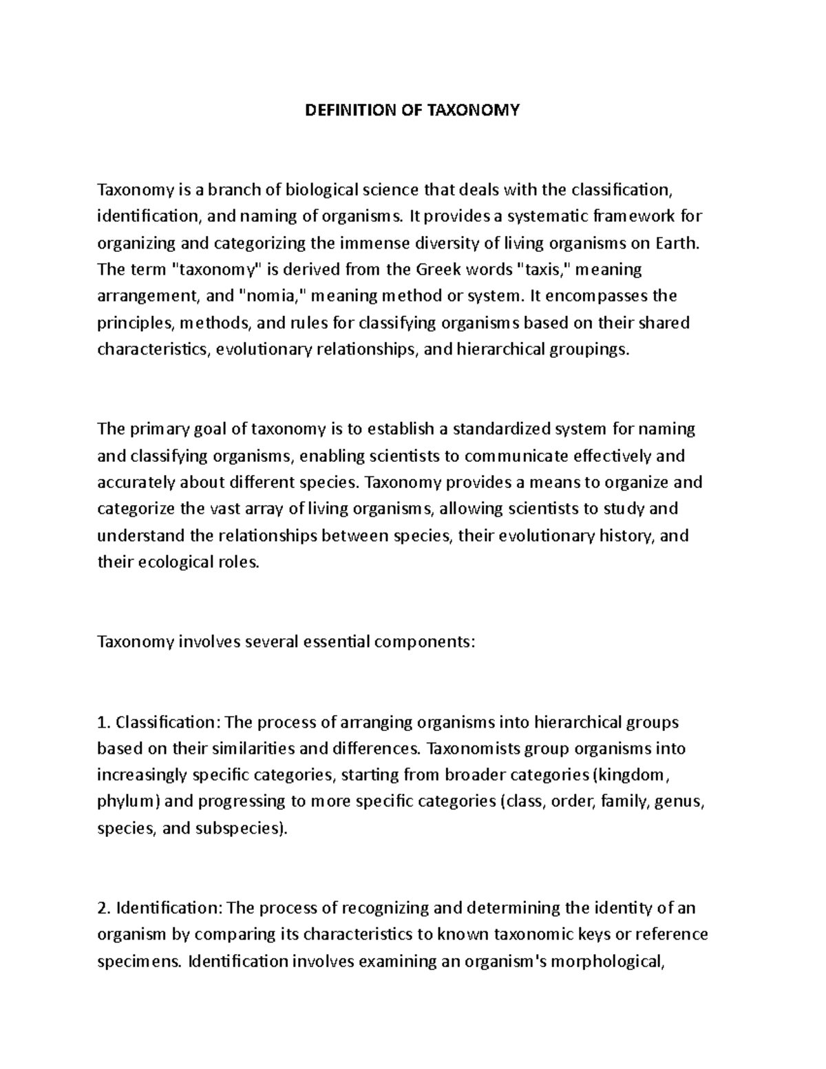 Definition OF Taxonomy - DEFINITION OF TAXONOMY Taxonomy is a branch of ...