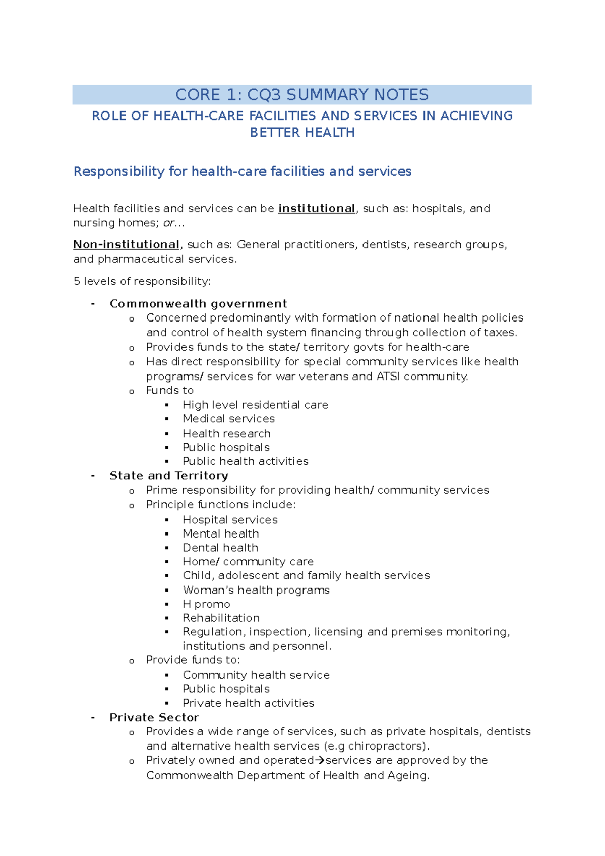 CORE 1- CQ3-4 Summary Notes - CORE 1: CQ3 SUMMARY NOTES ROLE OF HEALTH ...