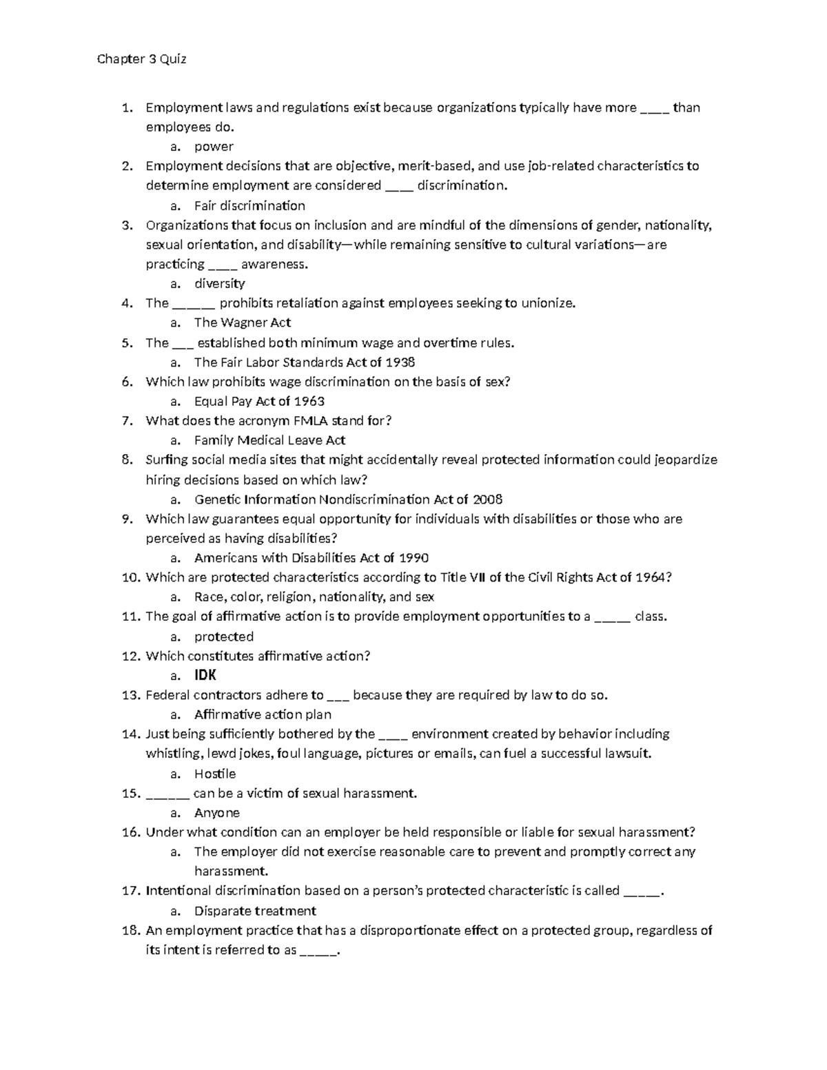 Managing Human Capital Chapter 3 Quiz - Chapter 3 Quiz 1. Employment ...