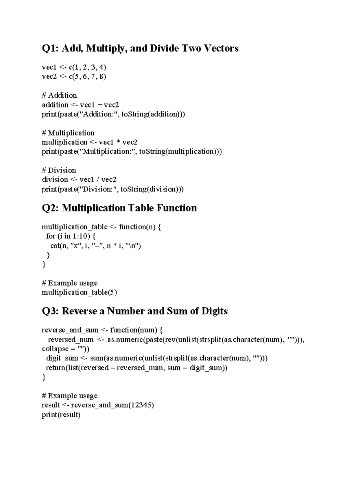 R Programming Solutions - Q1: Add, Multiply, and Divide Two Vectors vec1