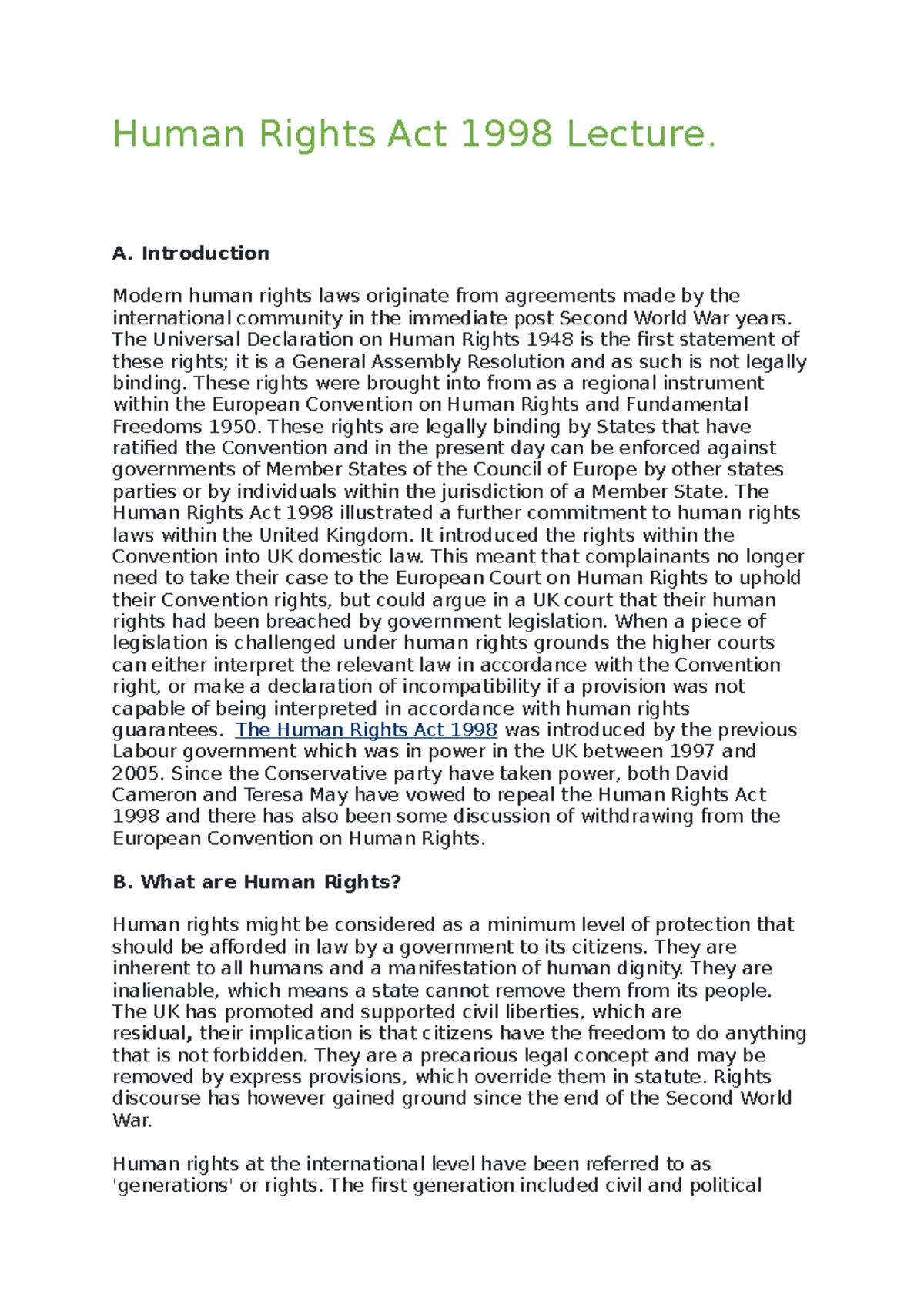 Human Rights Act 1998 Lecture - Human Rights Act 1998 Lecture. A ...