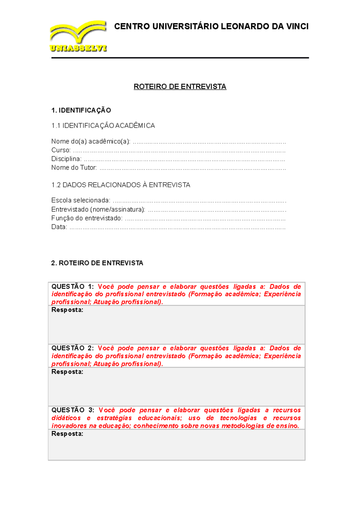 Modelo De Questionario De Entrevista