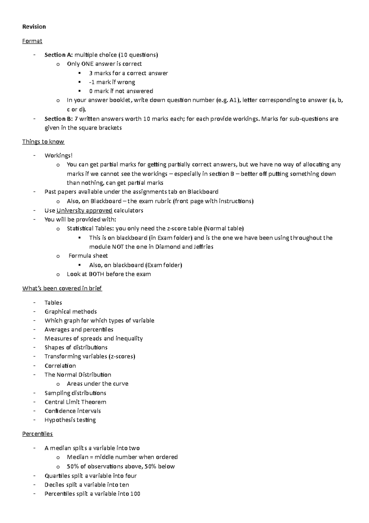 Lecture 21 Revision - Revision Format Section A: multiple choice (10 ...