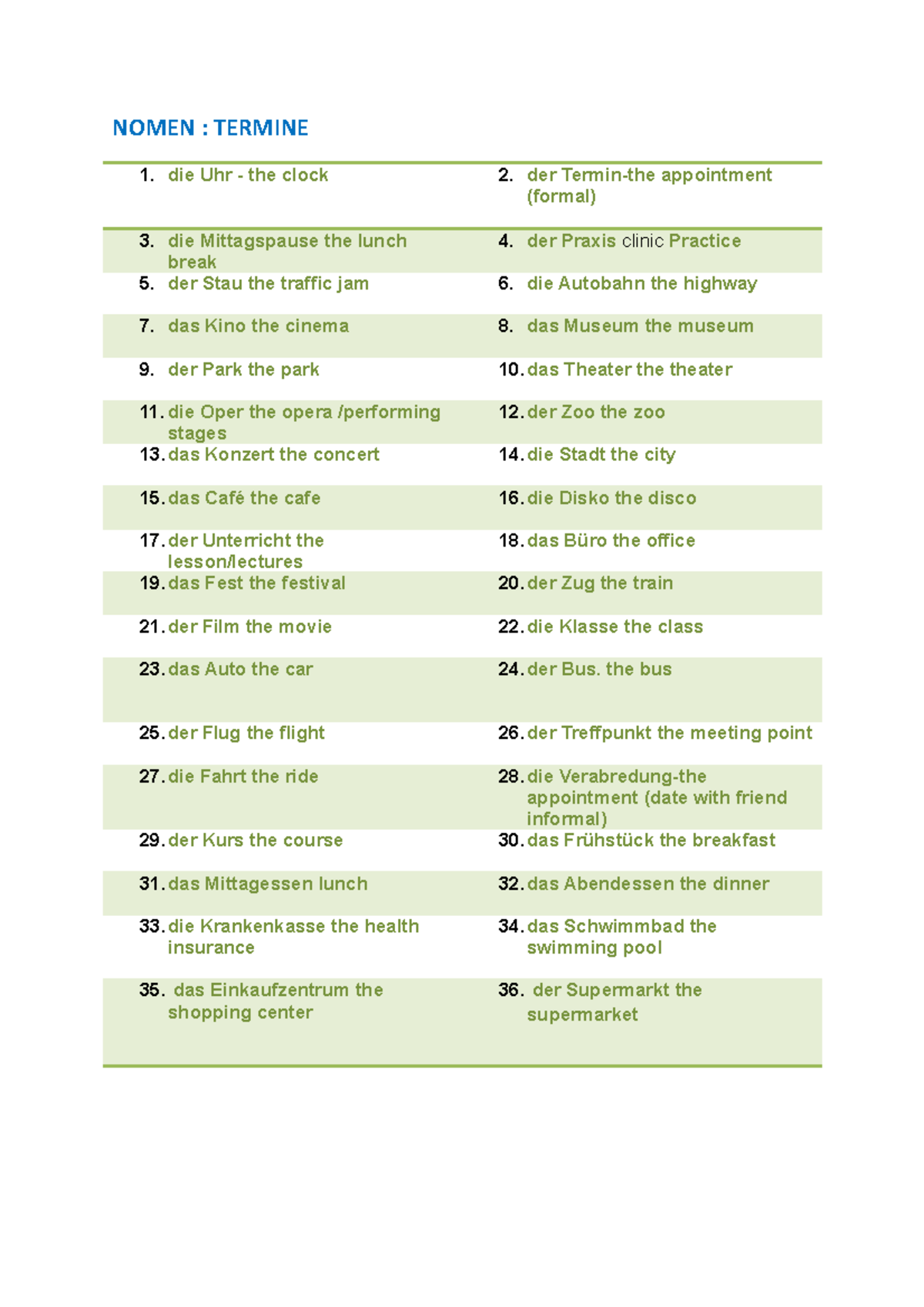 Ubung 16 Nomen Termin - Introductory German (Level II) - UiTM - Studocu