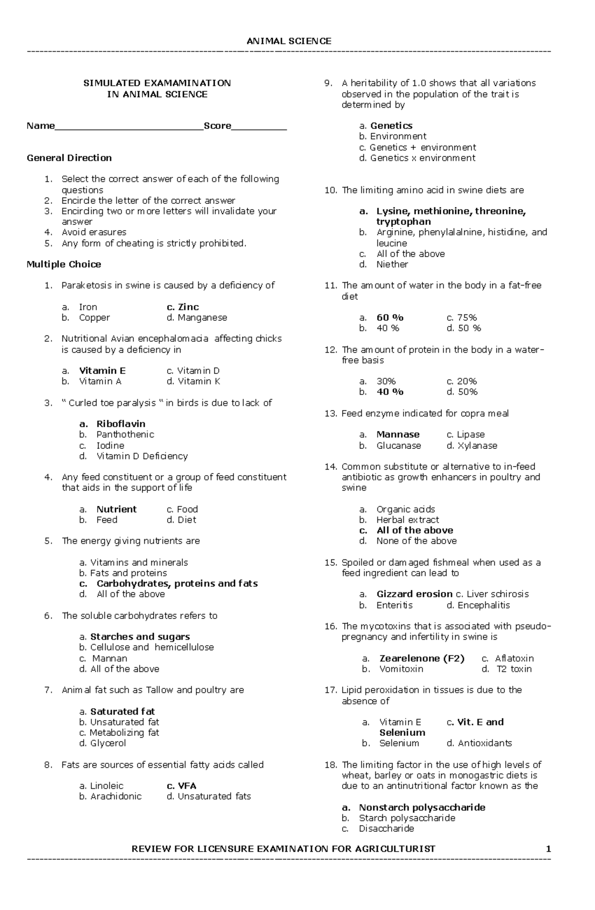 Simulated EXAM IN Animal Science - SIMULATED EXAMAMINATION IN ANIMAL ...