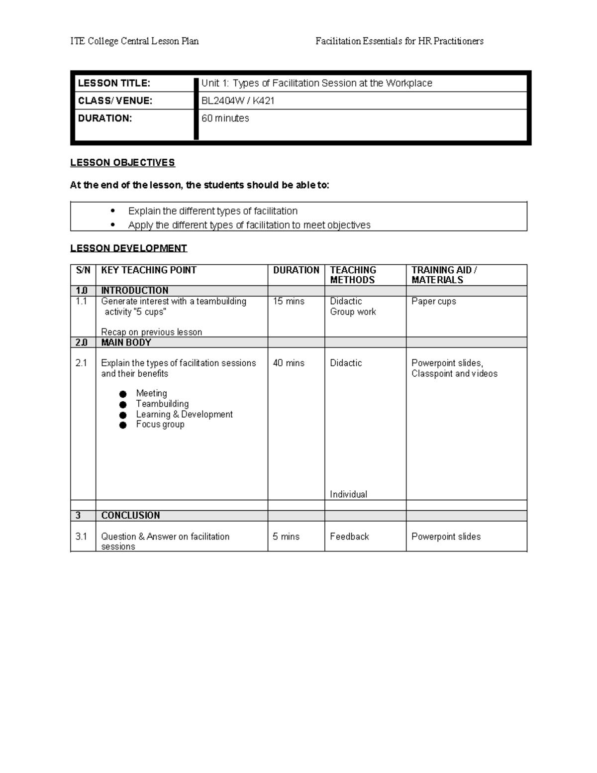 Lesson Plan M - ITE College Central Lesson Plan Facilitation Essentials ...
