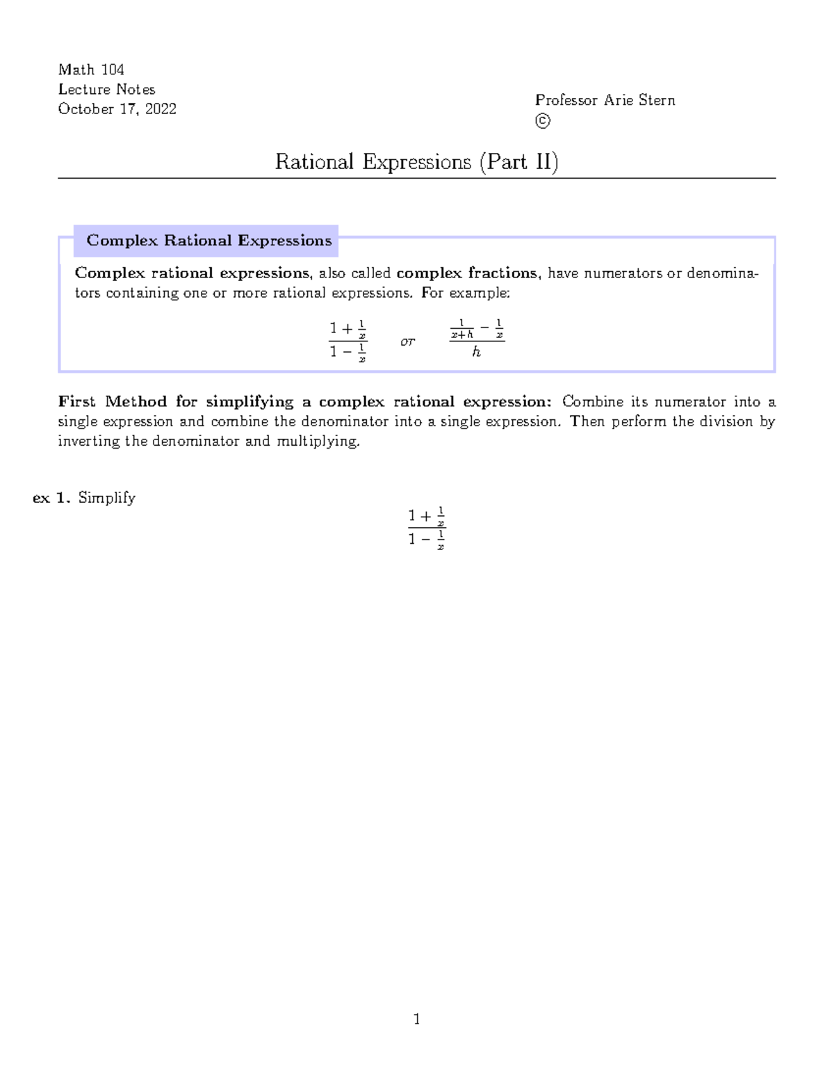 Rational Expression Part 2 - Math 104 Lecture Notes October 17, 2022 ...