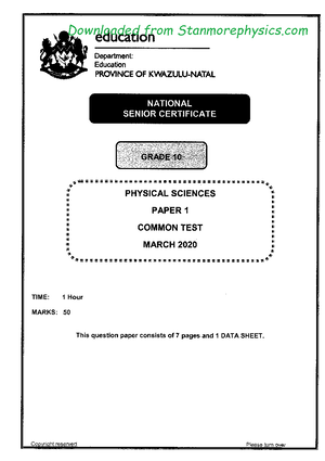 KZN Physical Science Grade 10 June 2023 P1 and Memo - 2603 - Studocu