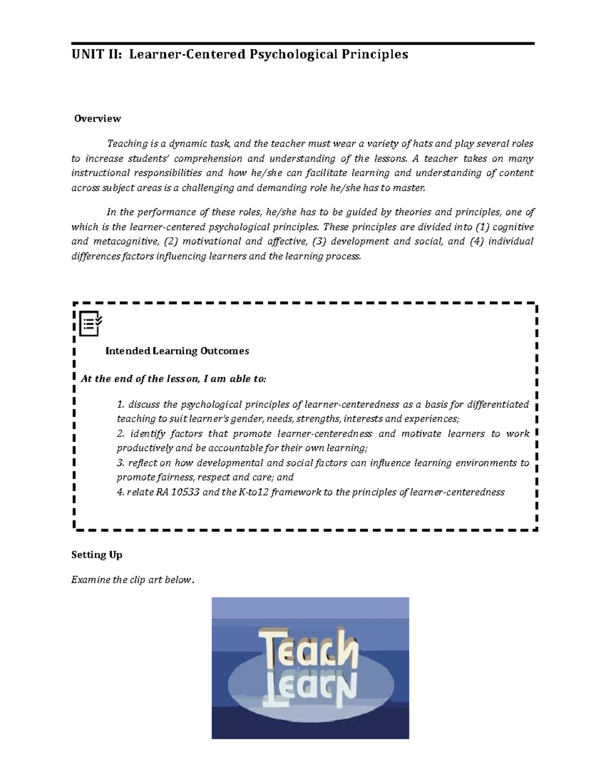 UNIT II Profed 3 - BSE ENGLISH MODULE - UNIT II: Learner-Centered Psychological Principles ...