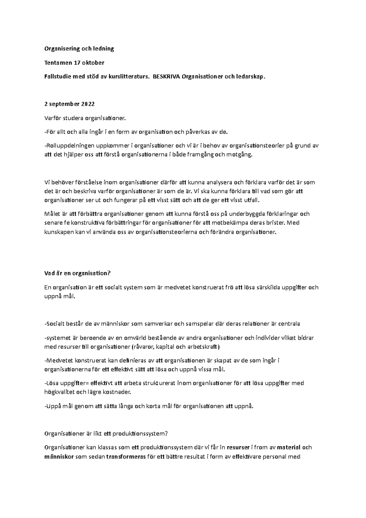 Organisering och Ledning - 41N14C - Högskolan i Borås - Studocu