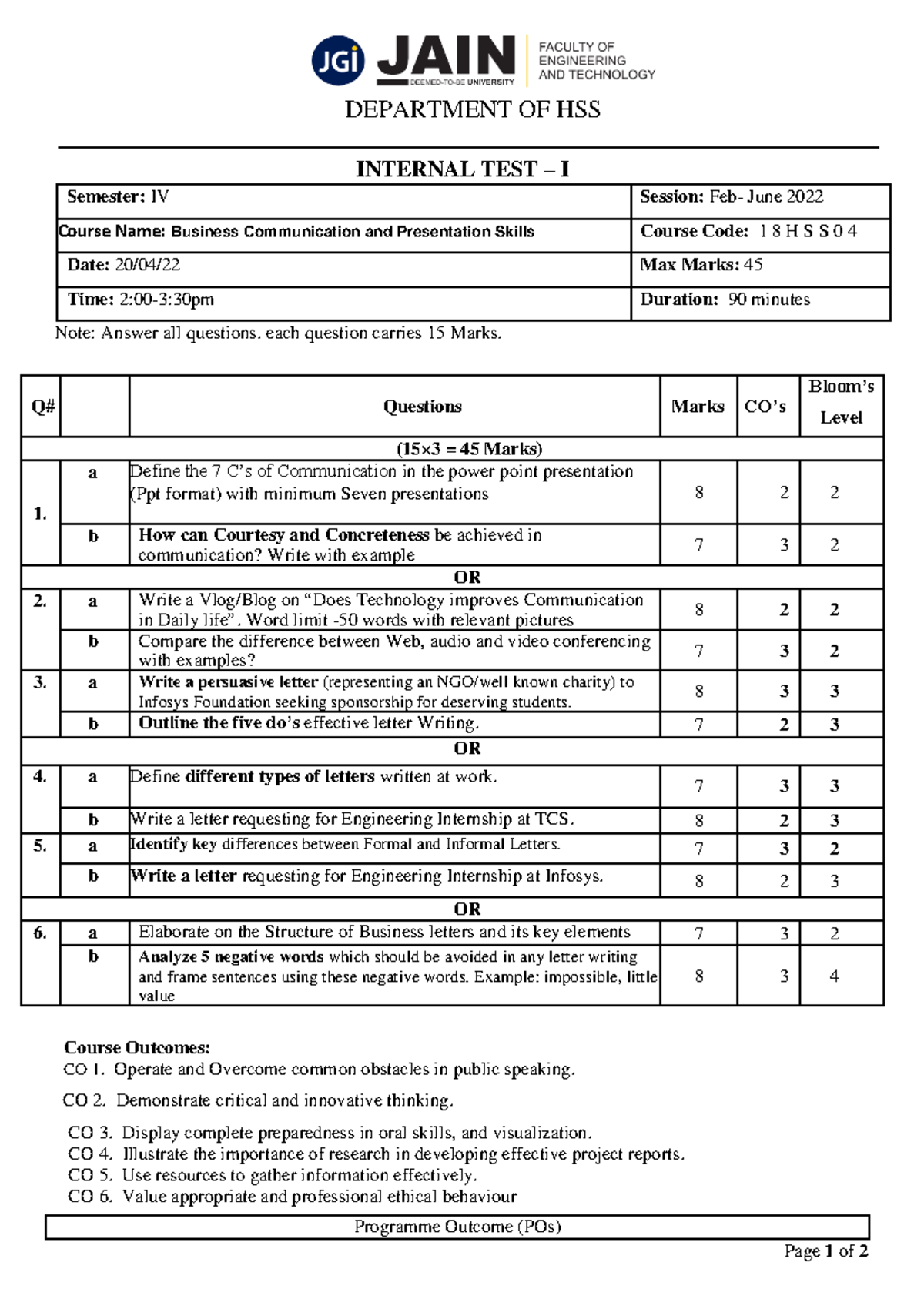 Internal TEST – I - Page 1 of 2 DEPARTMENT OF HSS INTERNAL TEST – I ...