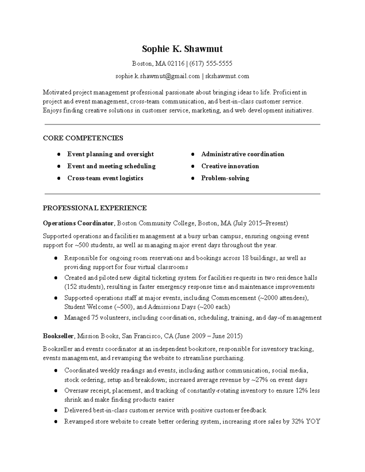 Resume example - hi h - Sophie K. Shawmut Boston, MA 02116 | (617) 555 ...