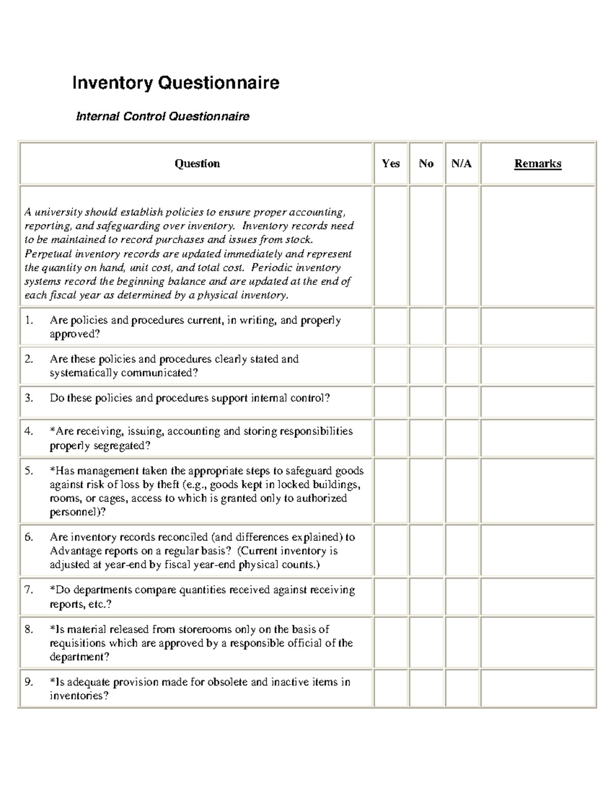 Inventory icq 2 - Inventory Questionnaire Internal Control ...