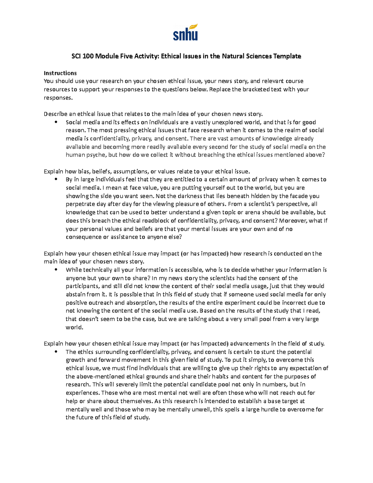 SCI 100 Module Five - SCI 100 Module Five Activity: Ethical Issues in ...