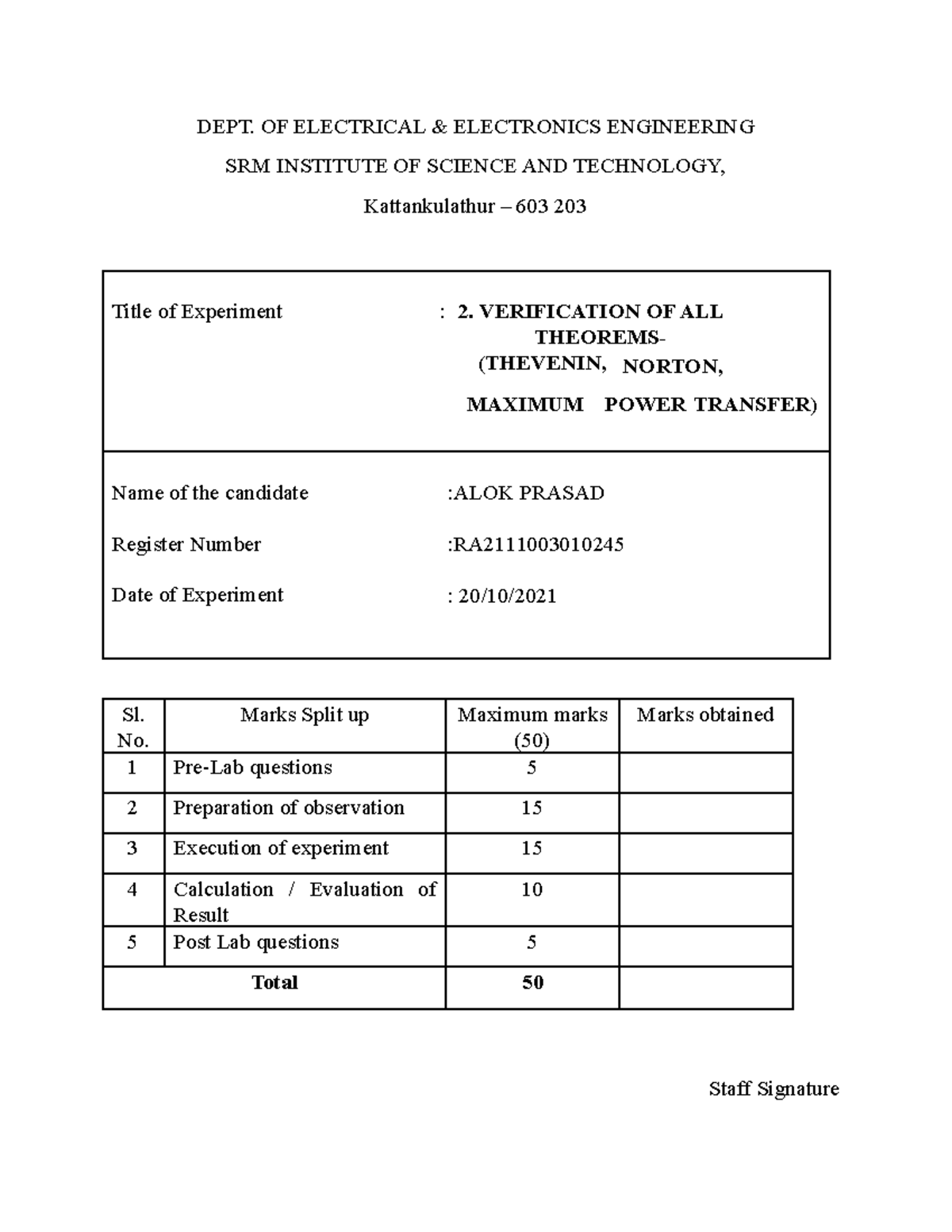 Exp2 Verification of all theorem, Thevenin, Norton, maximum power transfer - DEPT. OF ELECTRICAL ...