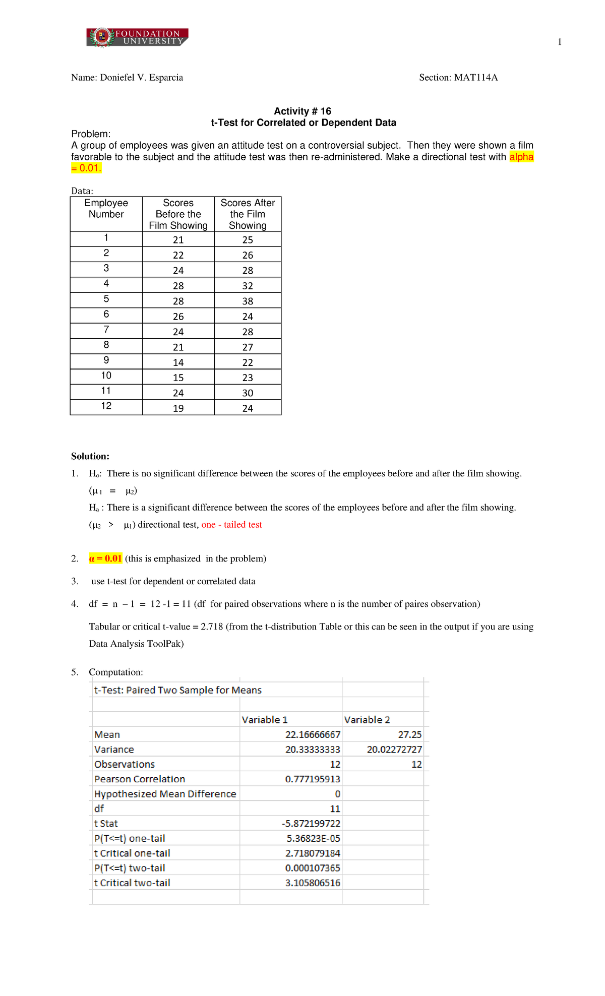Activity 16 (t-Test for Dependent or Correlated Data) 1st Sem 2021 - 1 ...