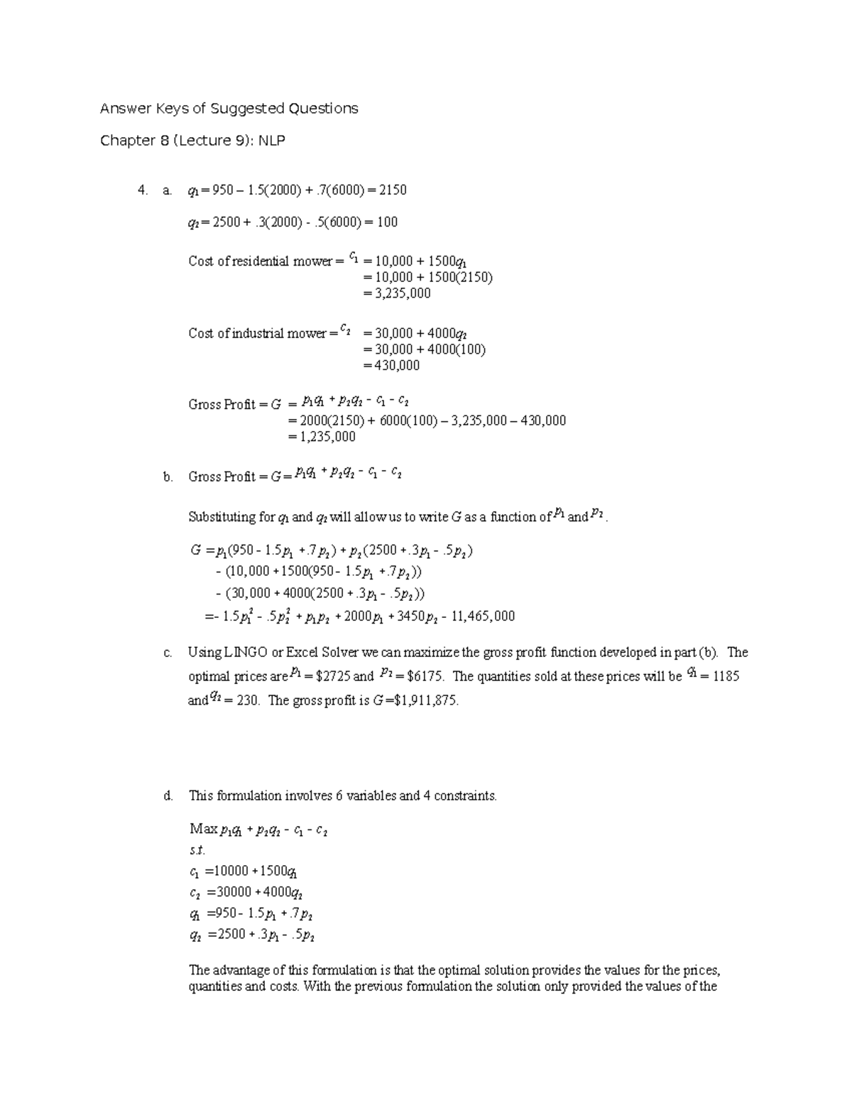 Lec 9 Suggested Q ANswer - Answer Keys of Suggested Questions Chapter 8 (Lecture 9): NLP a. q 1 ...