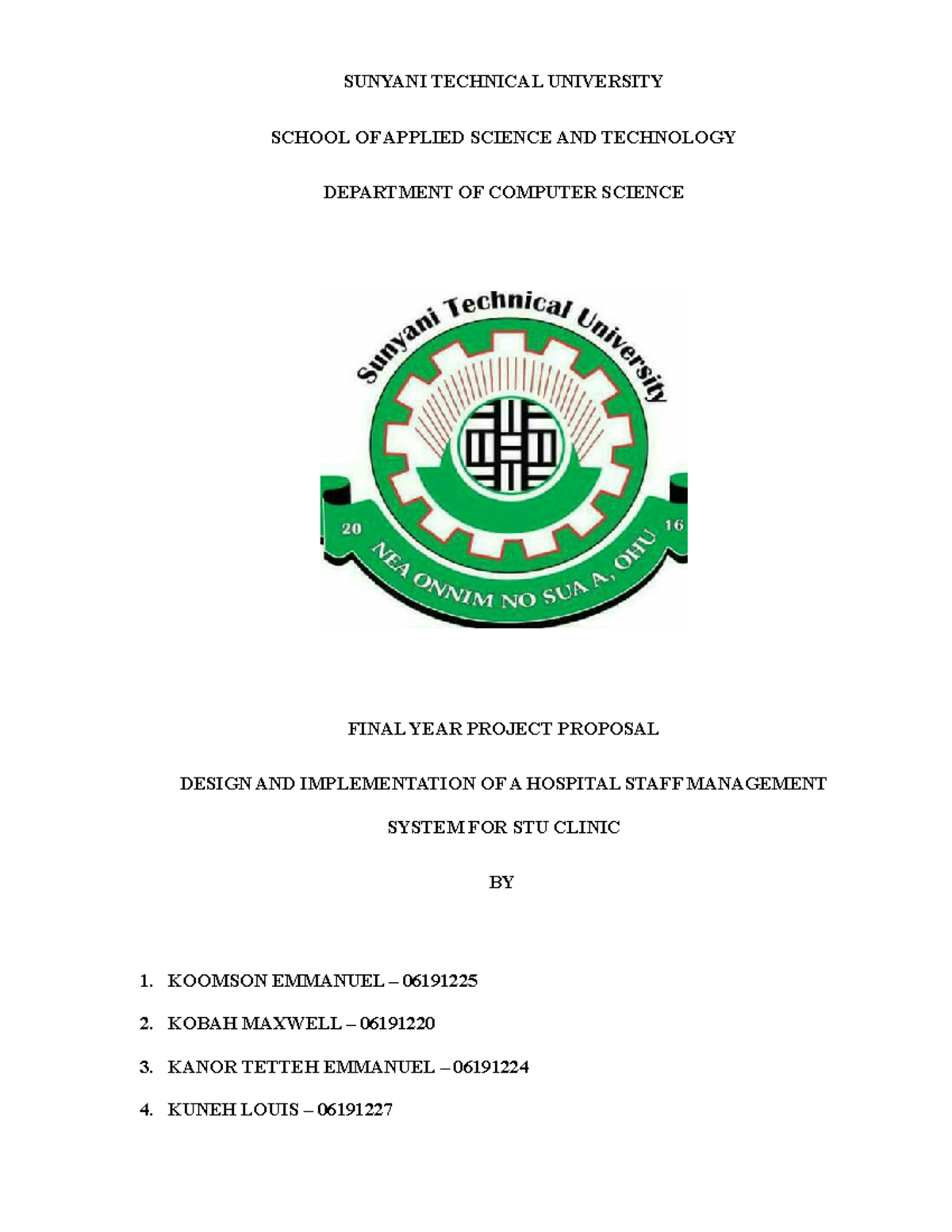 Project Proposal - Hospital Staff Management System - SUNYANI TECHNICAL ...