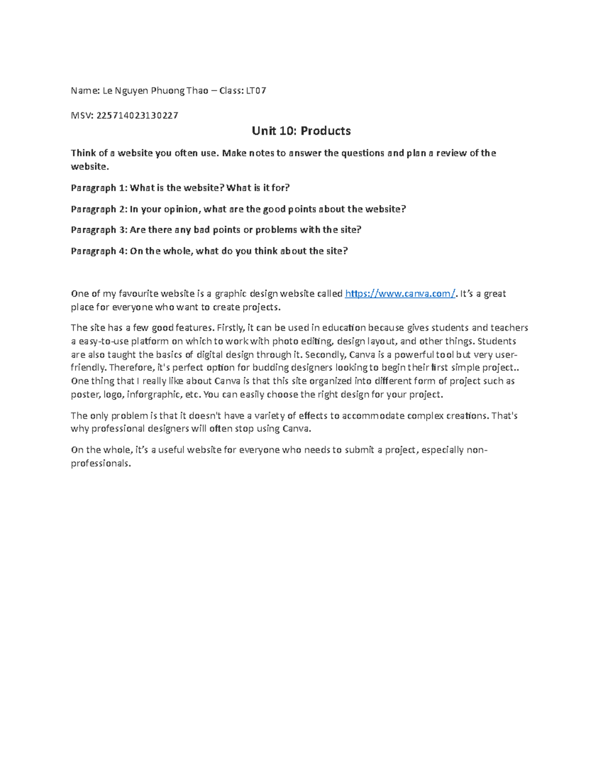 unit 10 writing elearning - Name: Le Nguyen Phuong Thao – Class: LT MSV: 225714023130227 Unit 10 ...