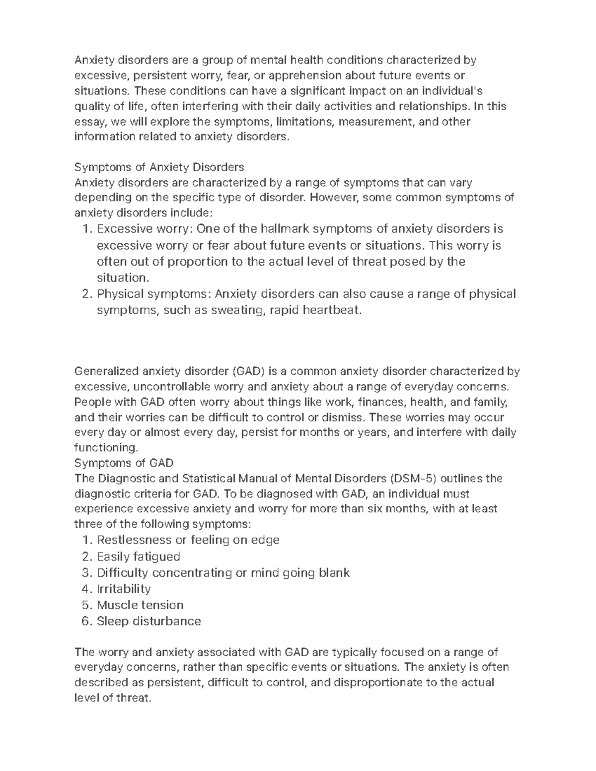 Anxiety disorders - notes - 1. 2. 1. 2. 3. 4. 5. 6. Anxiety disorders ...