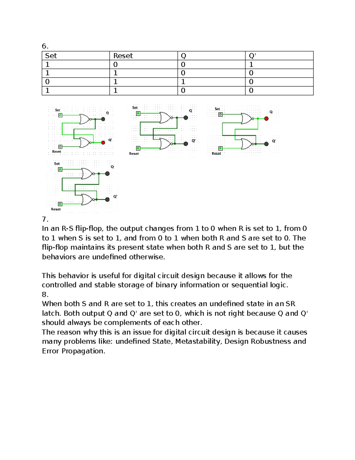 Lap3 - R-S and D Flip-Flops in Digital Circuits - 6. Set Reset Q Q' 1 0 0 1 1 1 0 0 0 1 1 0 1 1 ...